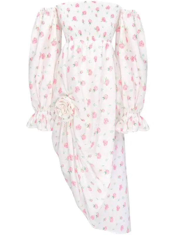 Sleeper Atlanta Rose-print Linen Dress - White