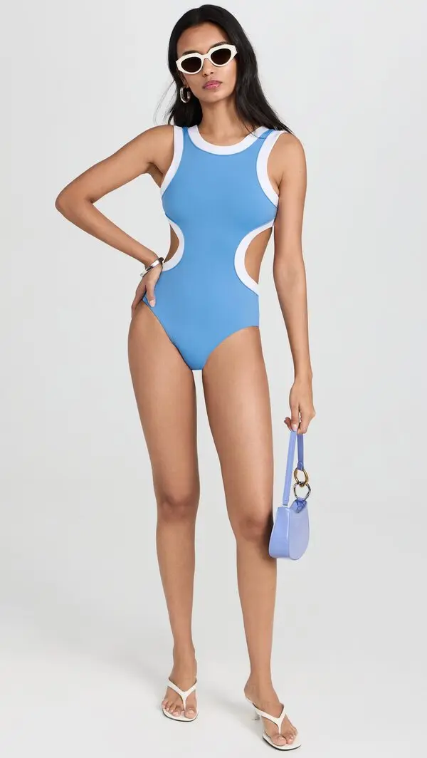 Staud Ribbed One-piece Swimsuit - Azure/white