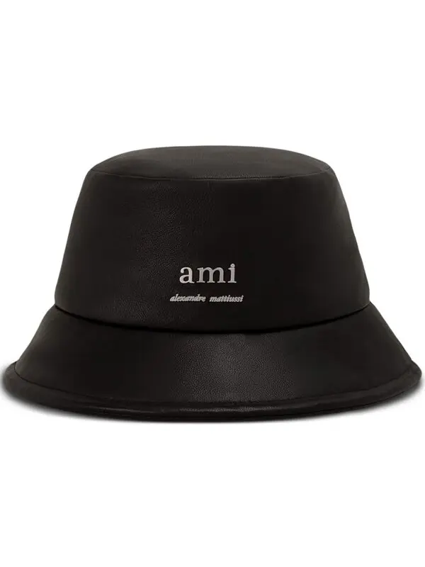 Ami Logo-plaque Leather Bucket Hat - Black