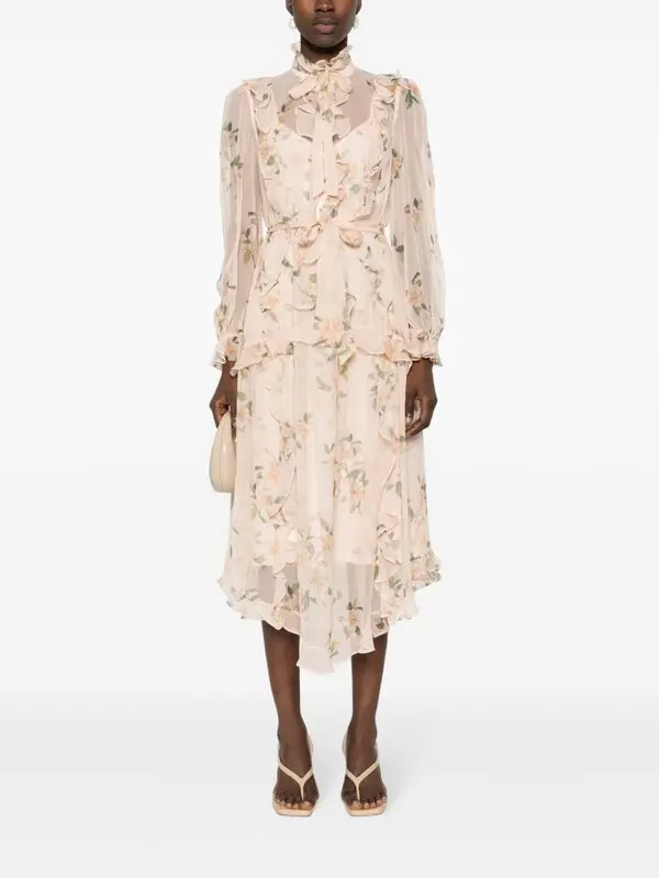 Zimmermann Natura Ruffled Floral Print Silk Midi Dress