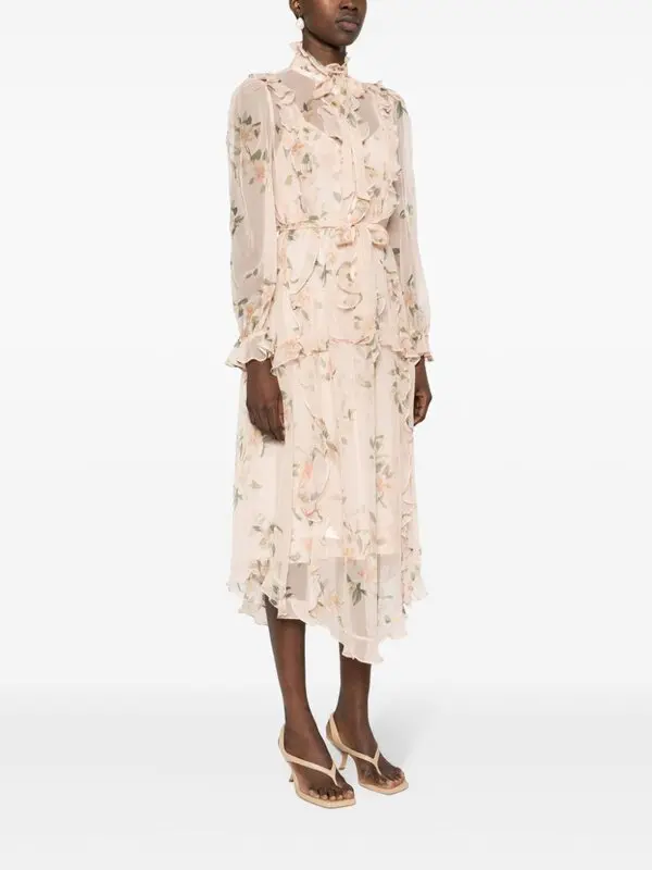 Zimmermann Natura Ruffled Floral Print Silk Midi Dress