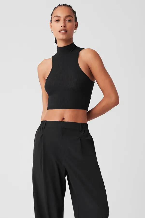 Alo Yoga Ribbed Sea Coast Cropped Turtleneck Tank Top - Black