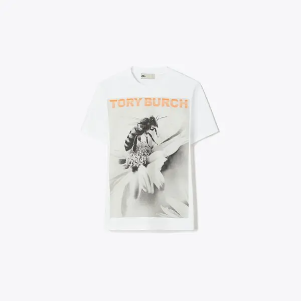 Tory Burch Printed Cotton T-shirt - White/gray Bee