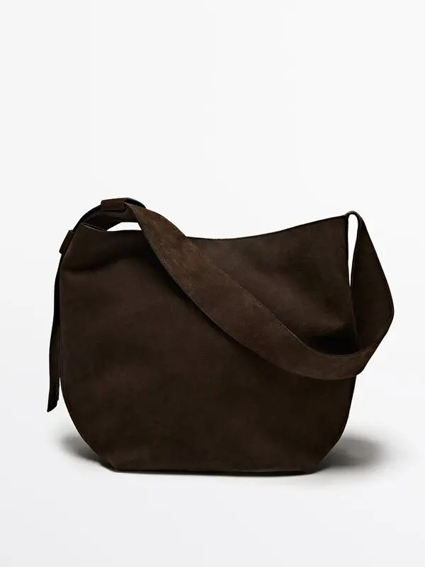Massimo Dutti Split Suede Leather Handbag - Brown