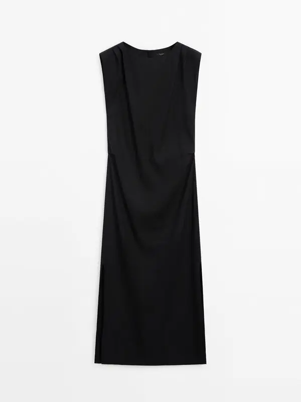 striped linen midi dress Taupe Striped Sleeveless Tiered Linen Midi Dress main image 1