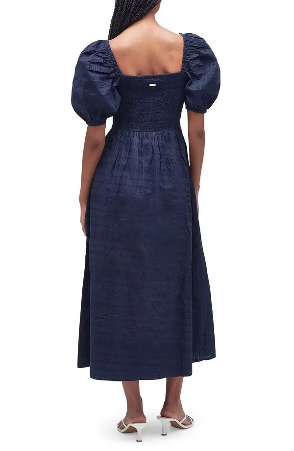 Barbour Macy Shirred Check Puff Sleeve Cotton Midi Dress - Navy |  Editorialist
