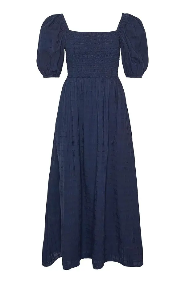 Barbour Macy Shirred Check Puff Sleeve Cotton Midi Dress - Navy |  Editorialist