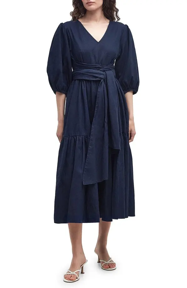 Barbour Annie Puff Sleeve Linen & Cotton Midi Dress - Navy | Editorialist
