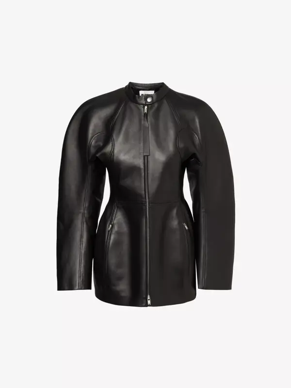JIL SANDER Cinched Waist Zipped Pocket Leather Jacket - Black