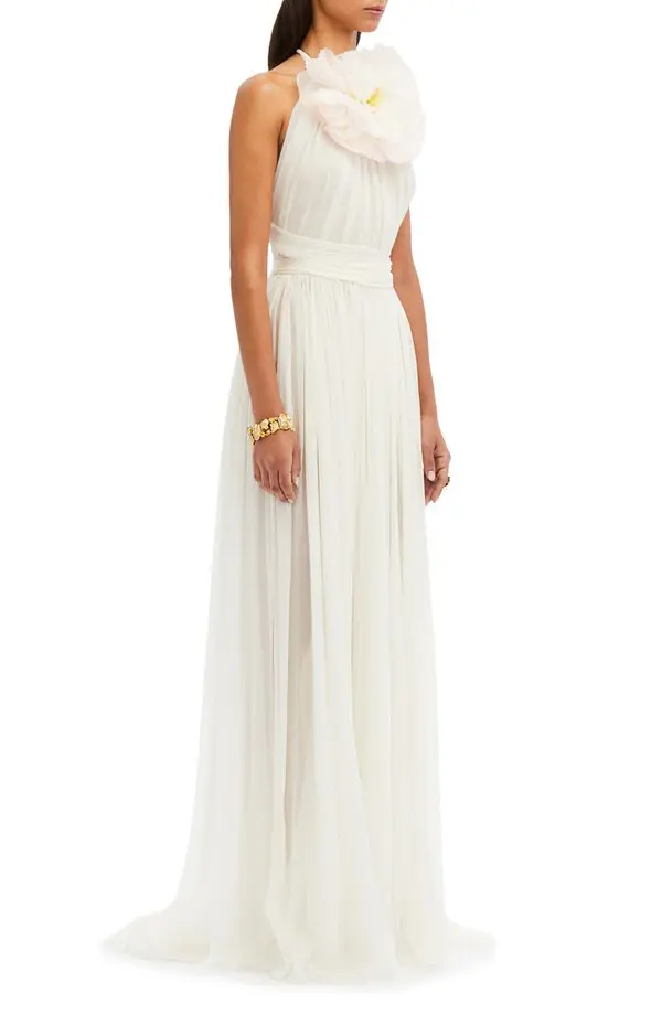 Oscar De La Renta Flower Detail Silk Chiffon Halter Gown In Ecru - 55% Off  | Editorialist