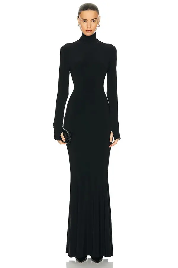 Norma Kamali Long Sleeve Turtle Fishtail Gown - Black