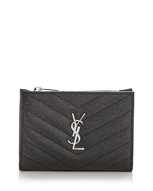 Saint Laurent Cassandre Matelasse Fragments Zipped Bi-fold Wallet - Black Grain Leather/silver