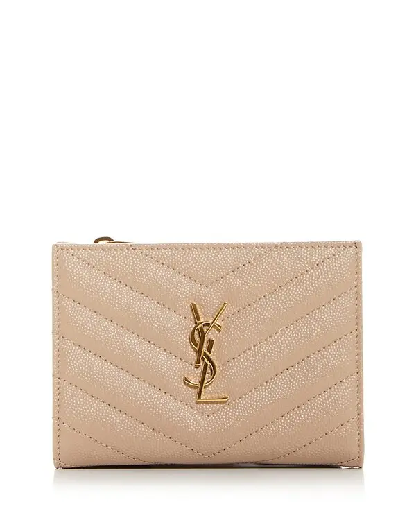 Saint Laurent Cassandre Matelasse Fragments Zipped Bi-fold Wallet - Dark Beige Grain Leather/gold