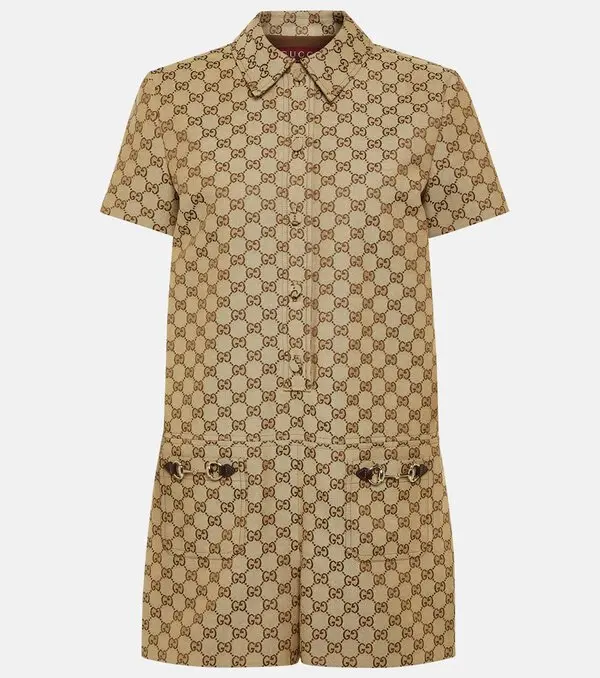 Gucci Gg Cotton-blend Canvas Playsuit - Beige