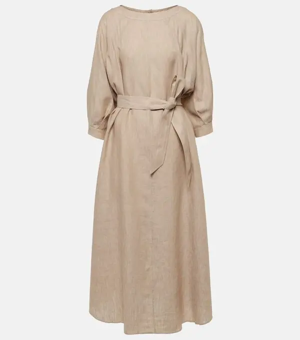 Loro Piana Belted Linen Midi Dress