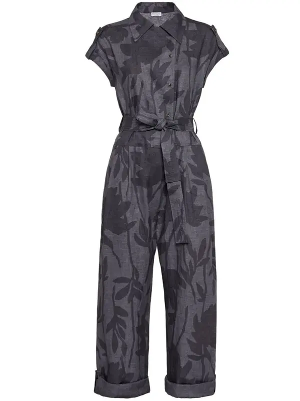 Brunello Cucinelli Floral-print Linen Jumpsuit - Grey