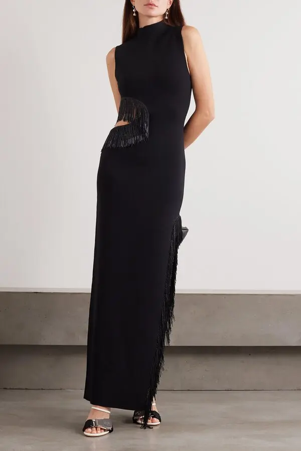 Galvan Nova Beaded Fringed Cutout Jersey Gown