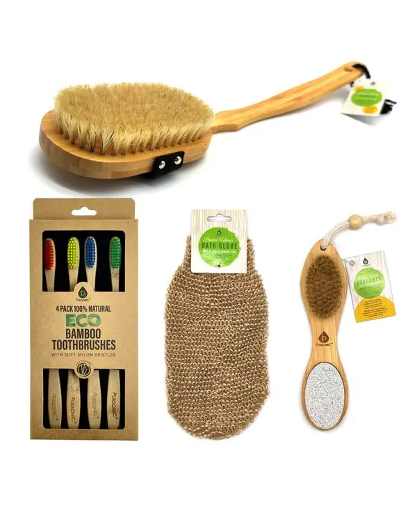 PURSONIC Eco-friendly Bath And Oral Care Bundle: Bamboo Toothbrushes - Natural Bamboo Color