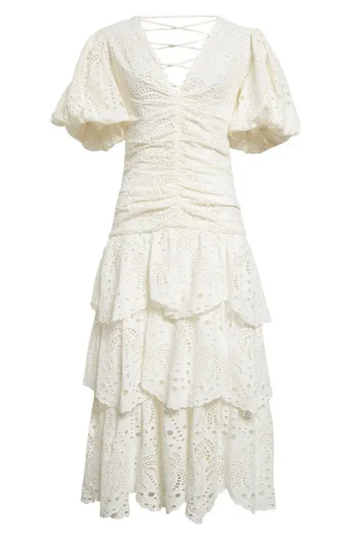 knee length dresses for ladies White Eyelet Off Shoulder Midi Dress | Romantic Puff Sleeve Bardot Summer  Dress | Women's Cotton Lace Vacation & Party Gown main image 0