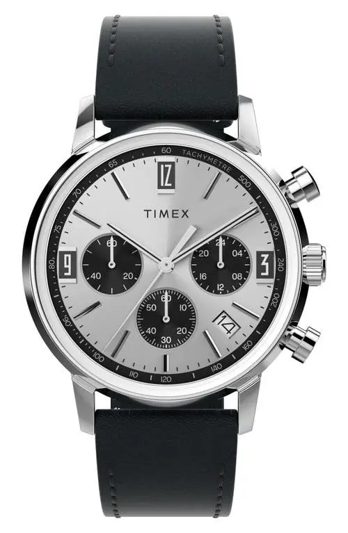 TIMEX® Marlin Chronograph Leather Strap Watch - Black