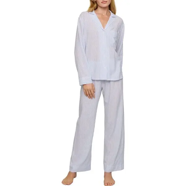 Eberjey Nautico Stripe Long Sleeve Top & Pants Pajamas - White/ Cornflower Blue