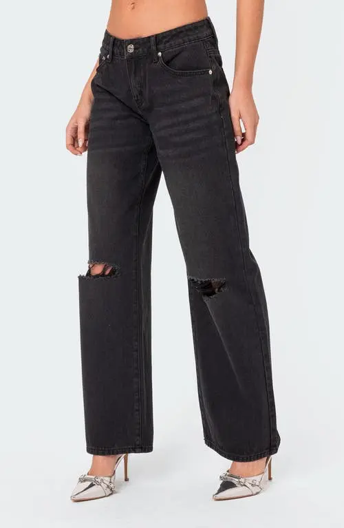 EDIKTED Debbie Ripped Low Rise Wide Leg Jeans - Black