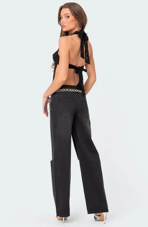 EDIKTED Debbie Ripped Low Rise Wide Leg Jeans - Black