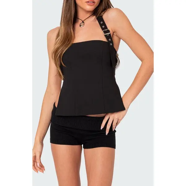 EDIKTED Buckle Strap Halter Top - Black