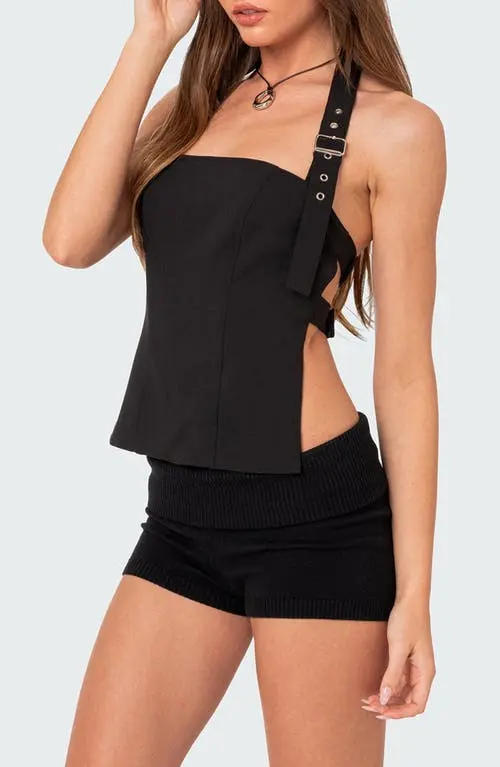 EDIKTED Buckle Strap Halter Top - Black
