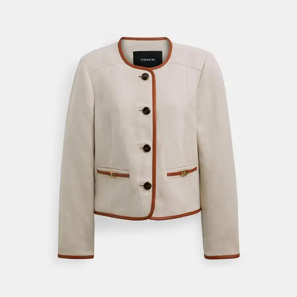 COACH Heritage C Canvas Cardigan Jacket With Leather Trim