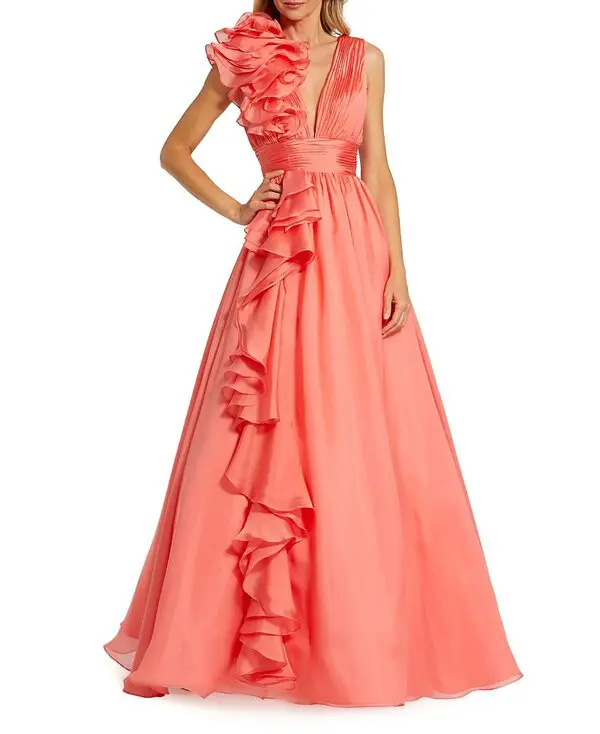 Mac Duggal Ruffled Shoulder V-neck Chiffon Gown - Coral
