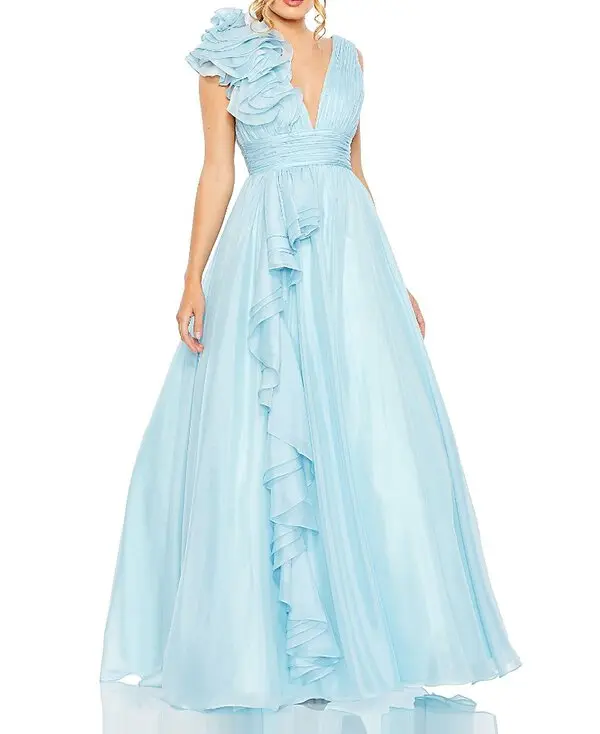 Mac Duggal Ruffle Shoulder V-neck Chiffon Gown - Powder Blue