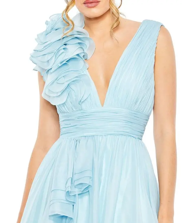 Mac Duggal Ruffle Shoulder V-neck Chiffon Gown - Powder Blue