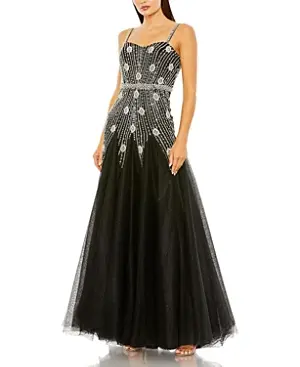 Mac Duggal Slim Strap Embellished Bustier Gown - Black Silver