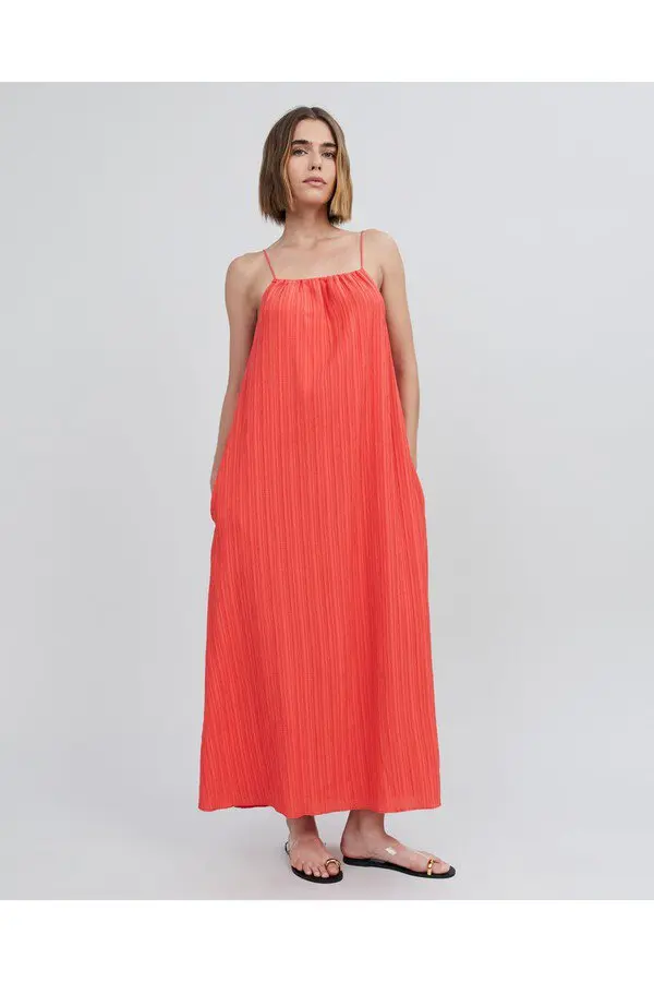 solid and striped red dress Solid & Striped The Soglio Halter Maxi Dress