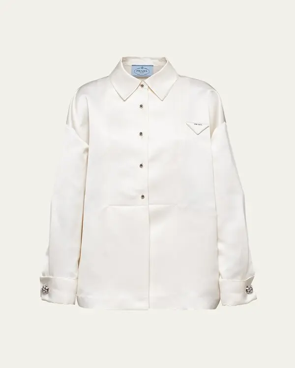 Prada Crystal Button Satin Double Shirt - Bianco | Editorialist