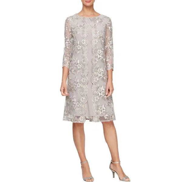 chinese dress ladies Floral Lace Dress with Sheer Chiffon Jacket & Pearl Neckline main image 0