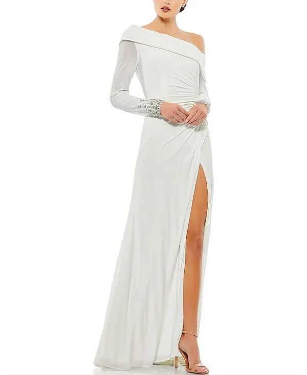 Mac Duggal Beaded Cuff Drop Shoulder Gown - White