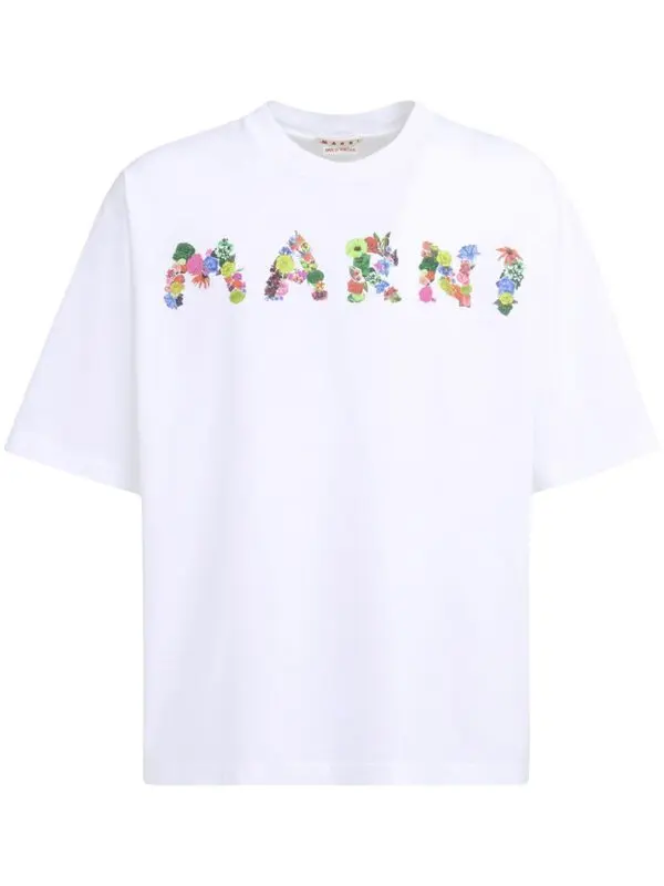 Marni Floral Logo-print Cotton T-shirt - White
