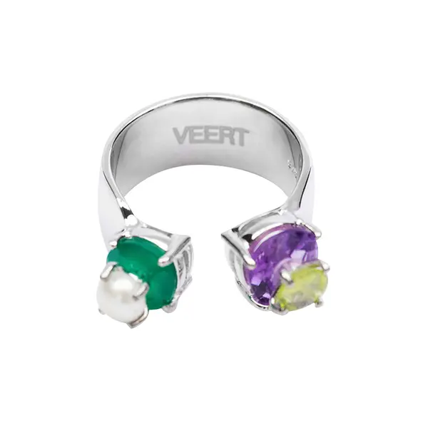 VEERT Freshwater Pearl, Green Onyx & Amethyst Ring - Gold