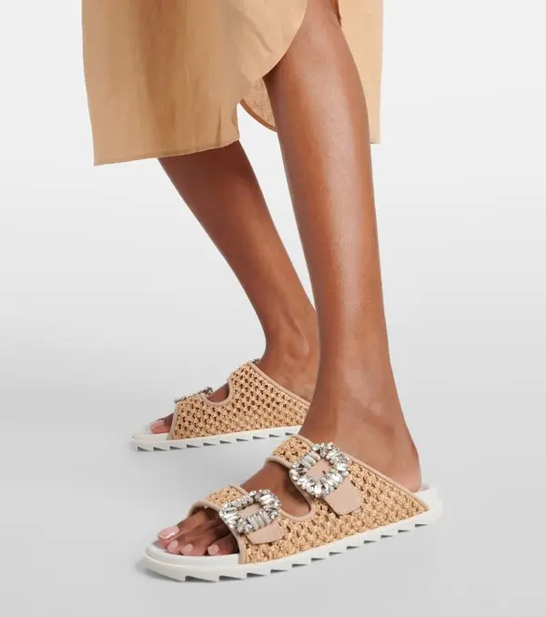 ROGER VIVIER Slidy Viv' Raffia Embellished Sandals - Neutrals