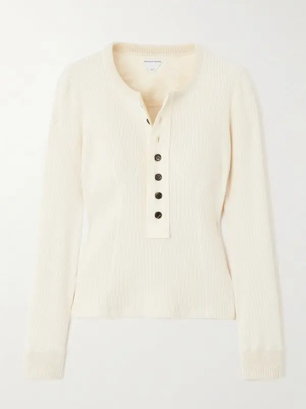 Bottega Veneta Ribbed Stretch-cotton Henley Top - Neutrals