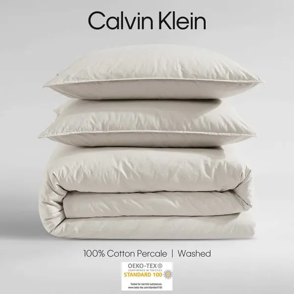Calvin Klein Washed Percale Cotton 3 Piece Duvet Cover Set - Light Beige