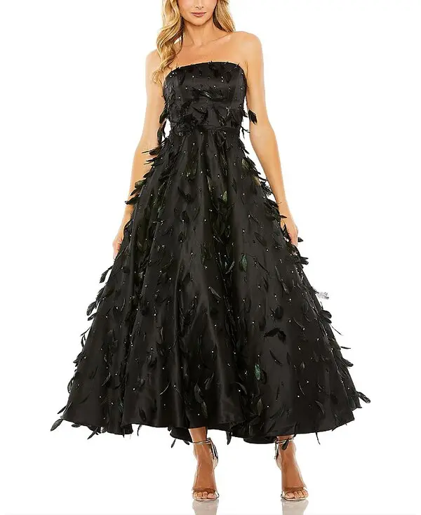Mac Duggal Strapless Feather Embellished Gown - Black