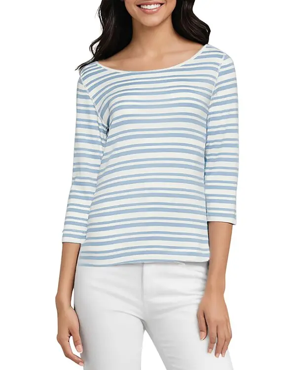 Three Dots Boat Neck Tee - Faded Denim Stripe
