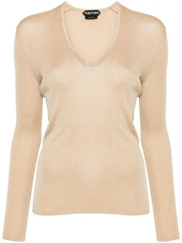 TOM FORD Ribbed V-neck Jumper - Neutrals