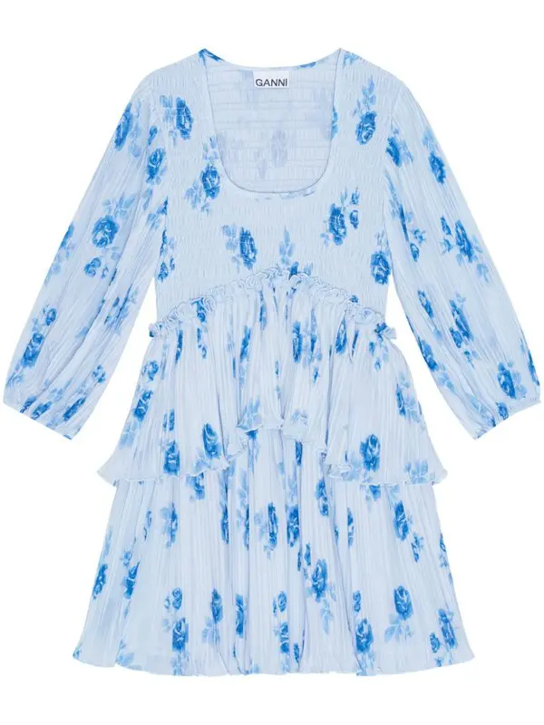 GANNI Floral-print Pleated Minidress - Blue