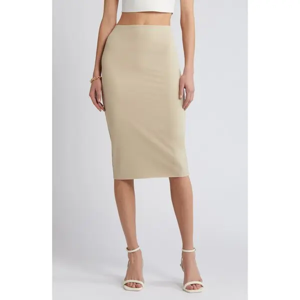 OPEN EDIT Smooth Edit Pencil Midi Skirt - Tan Oxford