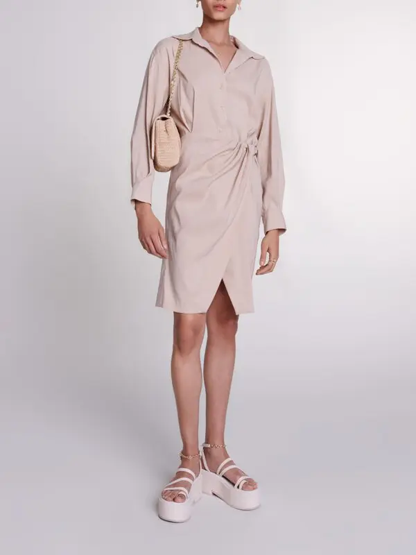 Maje Linen Midi Dress With Tie Belt - Beige
