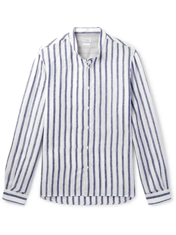 Brunello Cucinelli Grandad-collar Striped Linen Shirt - White